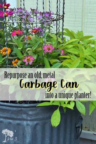Repurposed Garbage Can Planter with Vintage Fencing - Lora Bloomquist ...