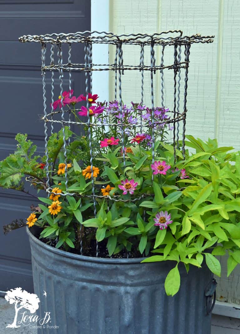 Repurposed Garbage Can Planter with Vintage Fencing - Lora Bloomquist ...