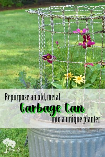 Repurposed Garbage Can Planter with Vintage Fencing - Lora Bloomquist ...