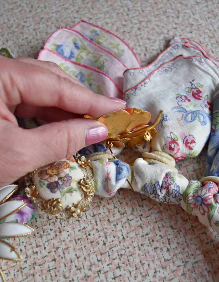 Nostalgic DIY Handkerchief Wreath with Vintage Pins - Lora Bloomquist ...